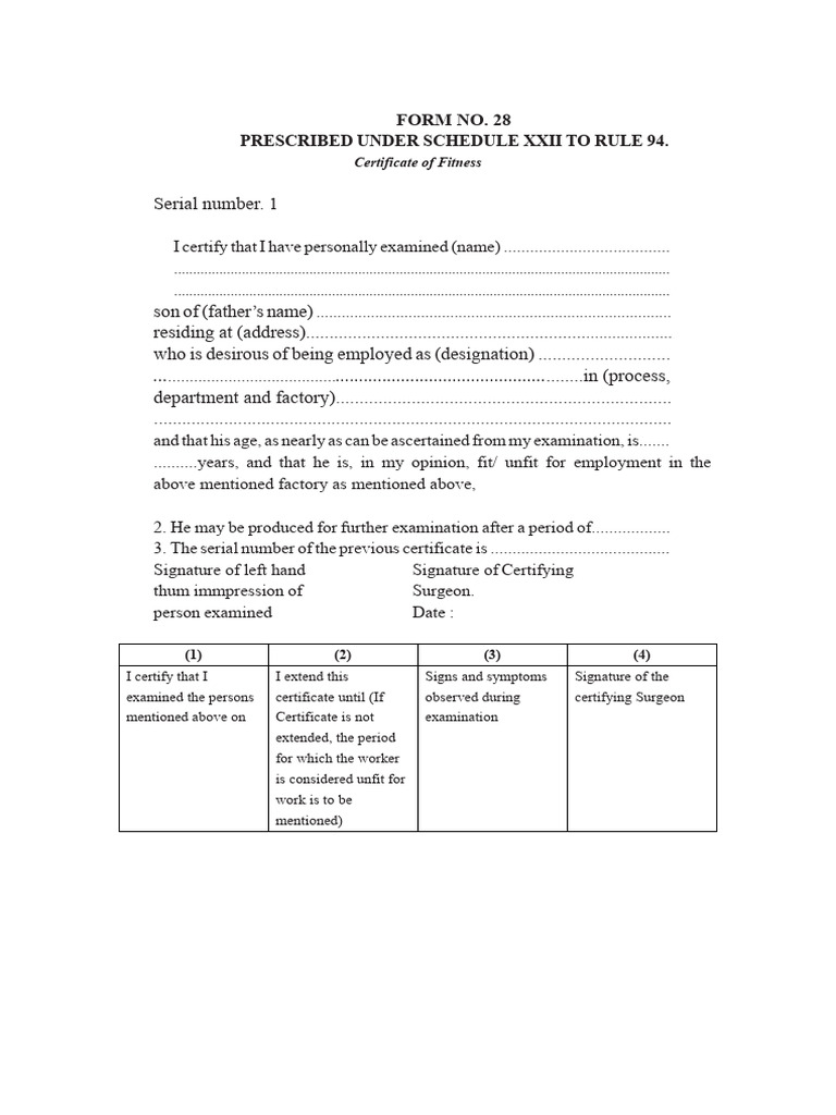 Form 28 - Certificate of Fitness | PDF