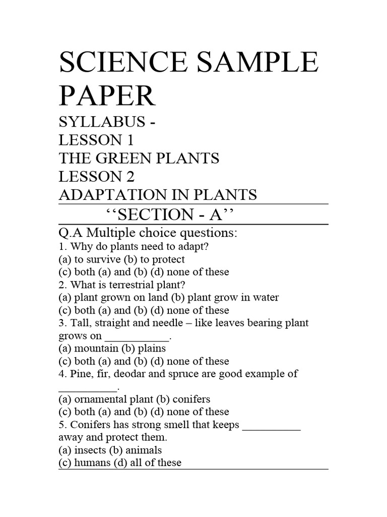 Science Sample Paper | PDF | Plants | Trees