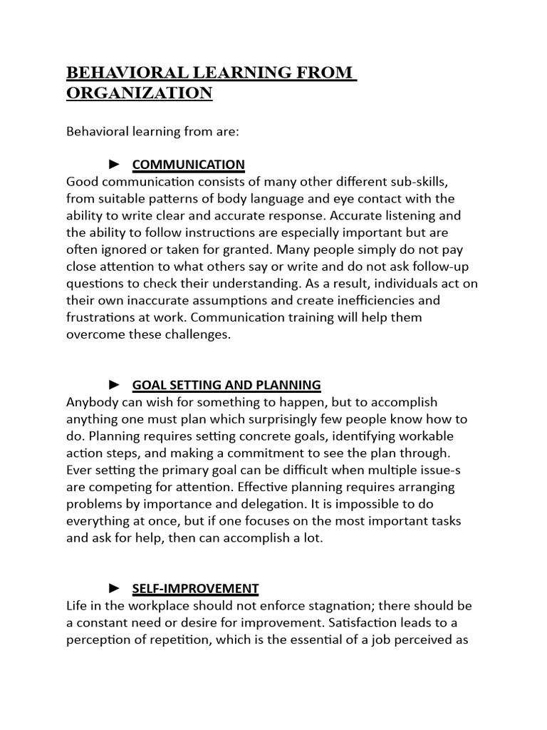 BEHAVIORAL LEARNING FROM ORGANIZATION | PDF | Personal Development | Goal