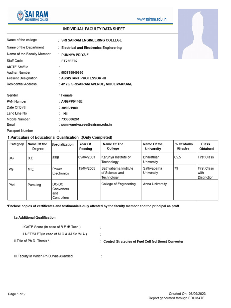 Individual Faculty Data Sheet | PDF | Engineering