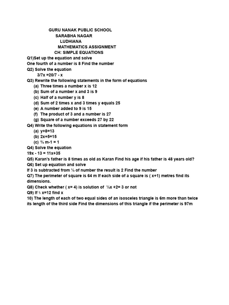 Class 7 Maths Assignment (Simple Equations) | PDF