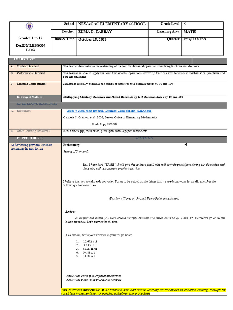 Cot Math 6 1st QTR Week 5 Multiplies Decimals and Mixed Decimals | PDF | Multiplication ...