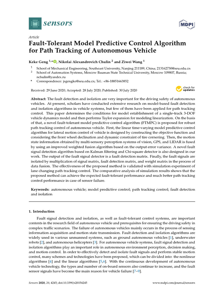 Fault Tolerant Model Predictive Control Algorithm Download Free Pdf Kalman Filter Applied
