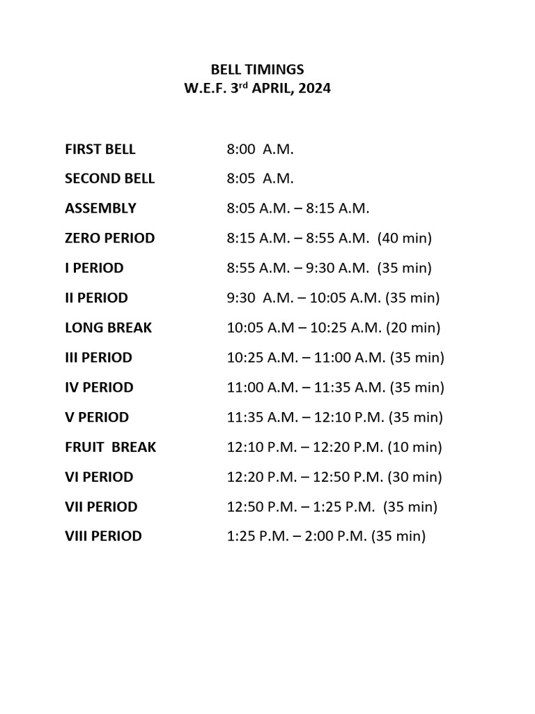Bell Timings W.E.F. 3 April | PDF | Social Science | Home & Garden