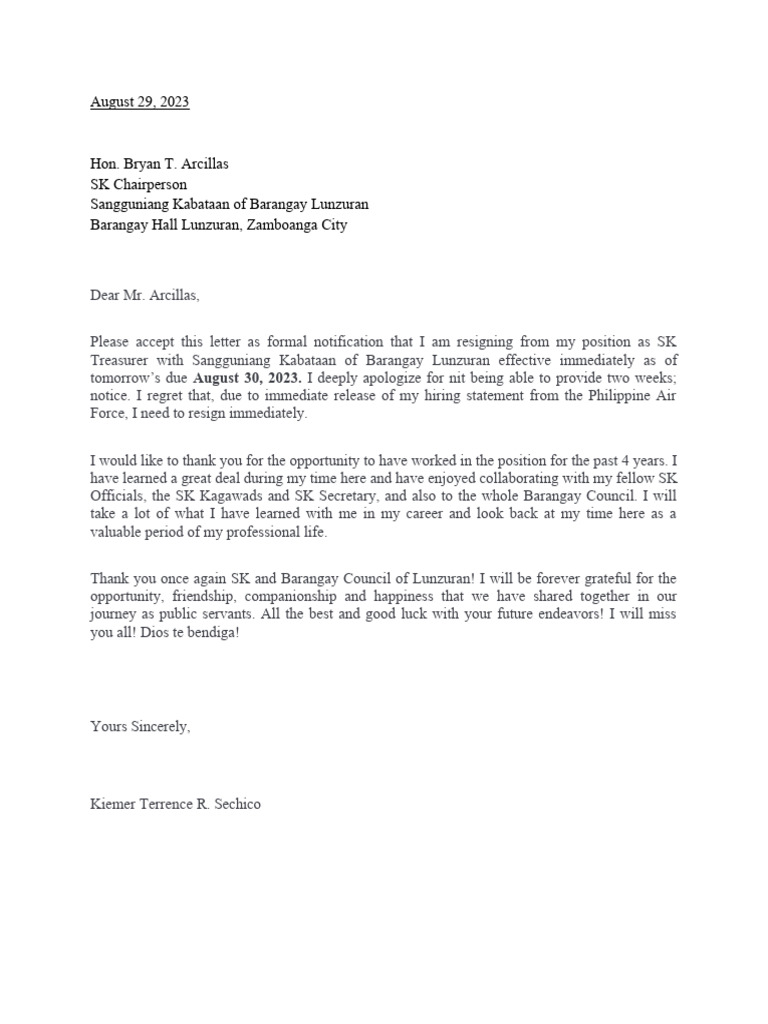 Kiemer Terrence Sechico 2022 SK Resignation Letter | PDF | Religion & Spirituality