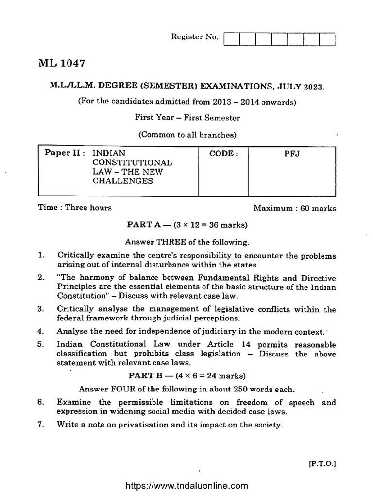 LLM 1 Sem Indian Constitutional Law The New Challenges ML 1047 Jul 2023 | PDF