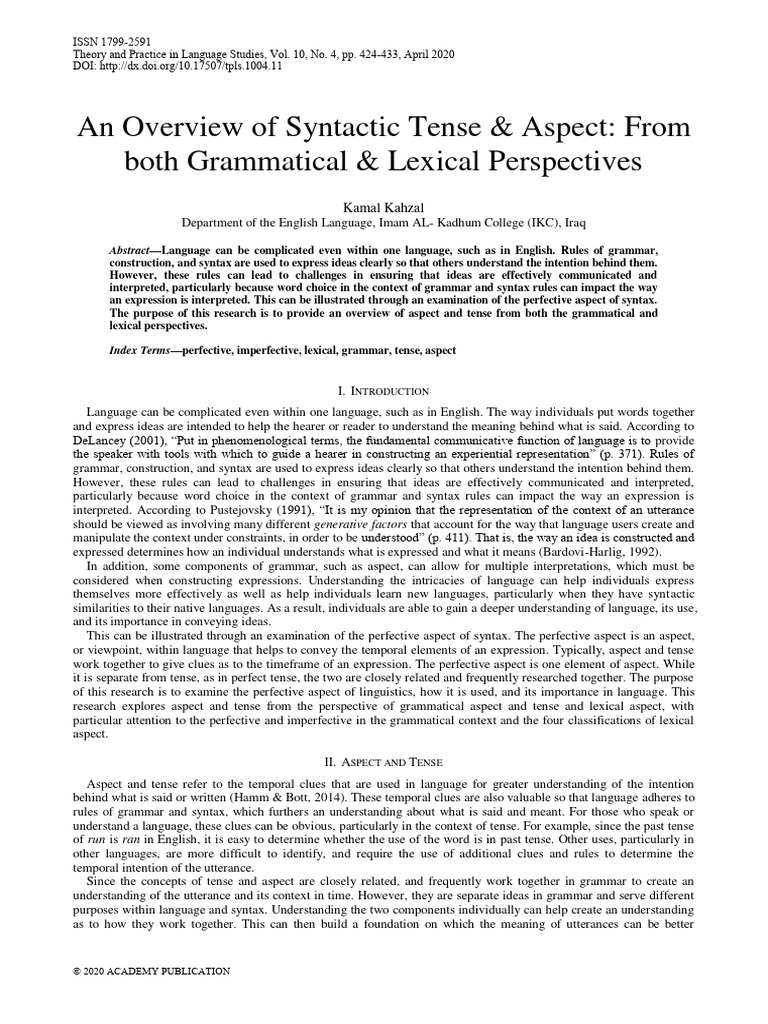 An Overview of Syntactic Tense & Aspect: From Both Grammatical & Lexical Perspectives | PDF ...