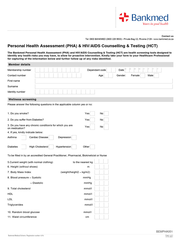 Bankmed Health Assessment & HIV Testing | PDF | Blood Pressure ...