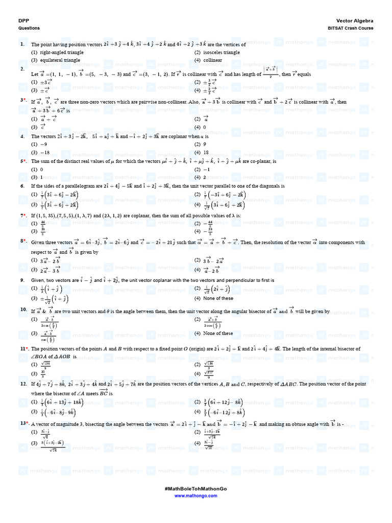 Question DPP Vector Algebra BITSAT Crash Course MathonGo | PDF | Angle | Euclidean Vector