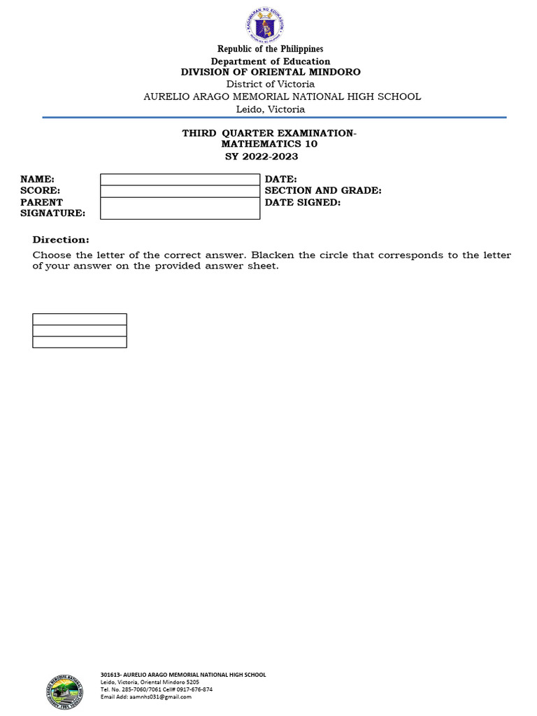 Fourth TEST MATH 10 Sy 2022 2023 | PDF | Percentile | Quartile