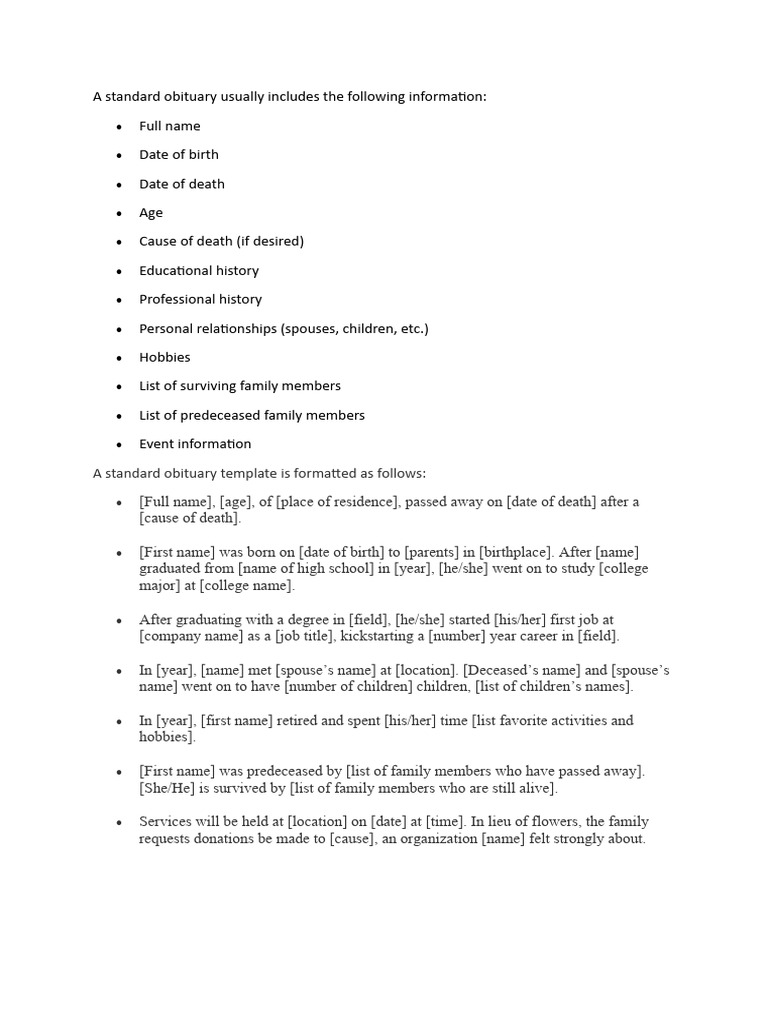 Standard Obituary Format Guide | PDF