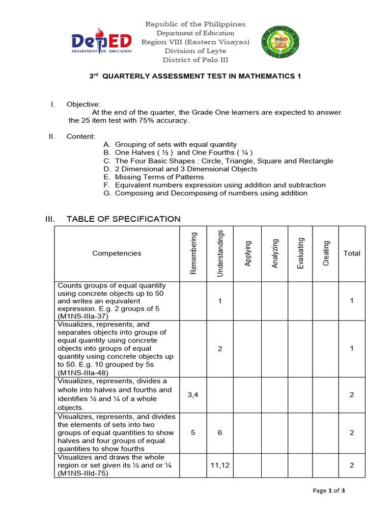 Q3-MATH-TOS | PDF | Shape | Quantity