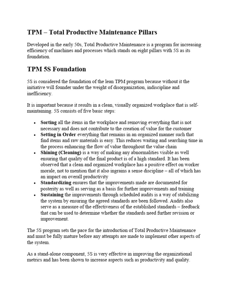 TPM - Total Productive Maintenance Pillars | Download Free PDF | Business