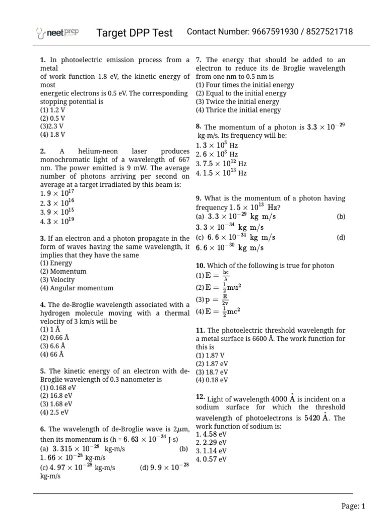 Physics Photoelectric Effect Quiz | PDF | Photoelectric Effect | Electronvolt