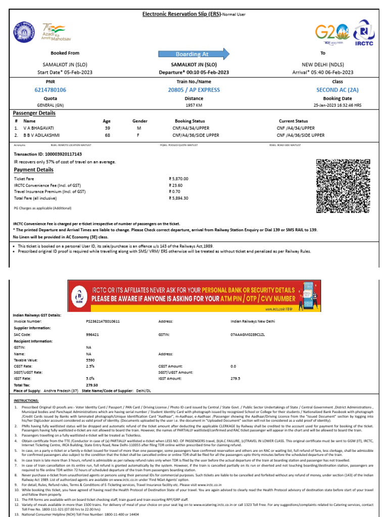 Samalkot - Ndls - Ticket Feb5 | PDF | Identity Document
