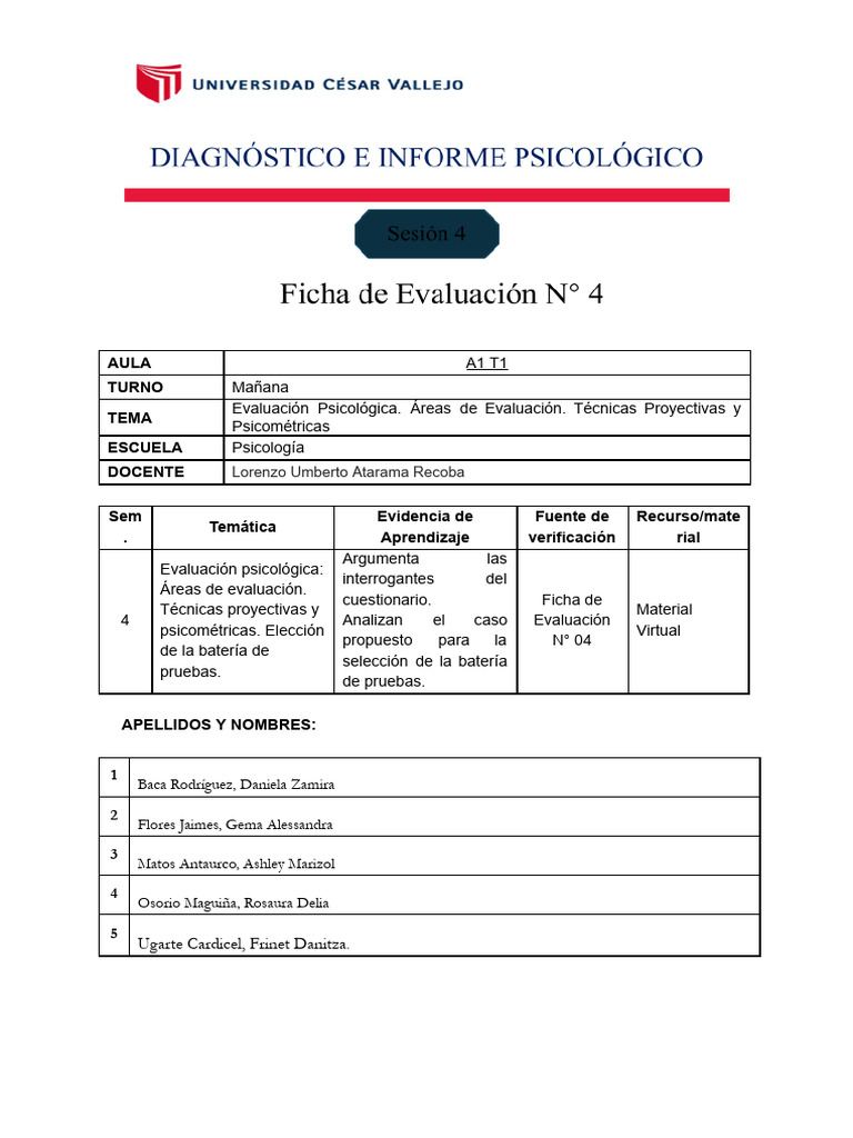 Ficha de Evaluación - Diag-Info - Sesión 4 - 2024-1 | PDF | Ansiedad | Pensamiento