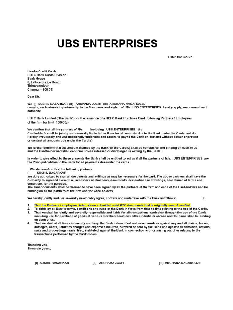 Partnership Consent Letter - UBS | PDF | Indemnity | Business