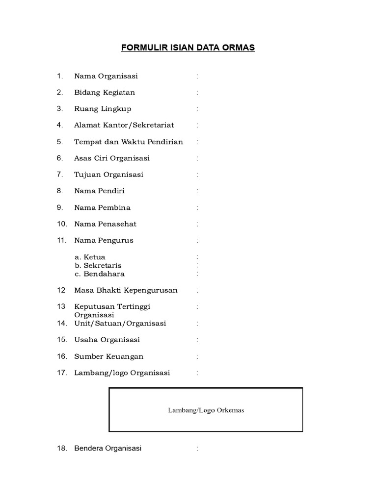 FORMULIR ISIAN DATA ORMAS | PDF