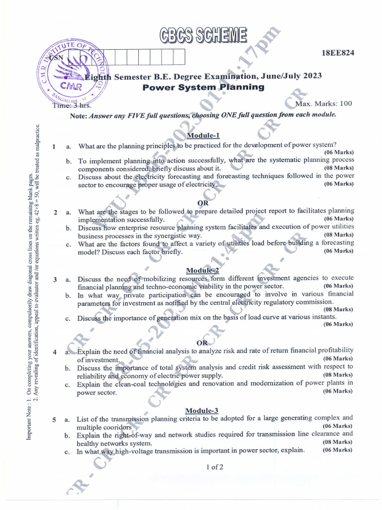 VTU Question Paper of 18EE824 Power System Planning June-July-2023 | PDF