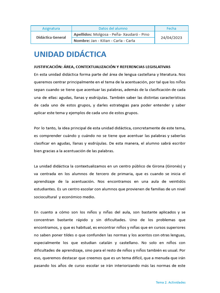 Unidad Didactica 2 | Descargar gratis PDF | Enseñando | Plan de estudios