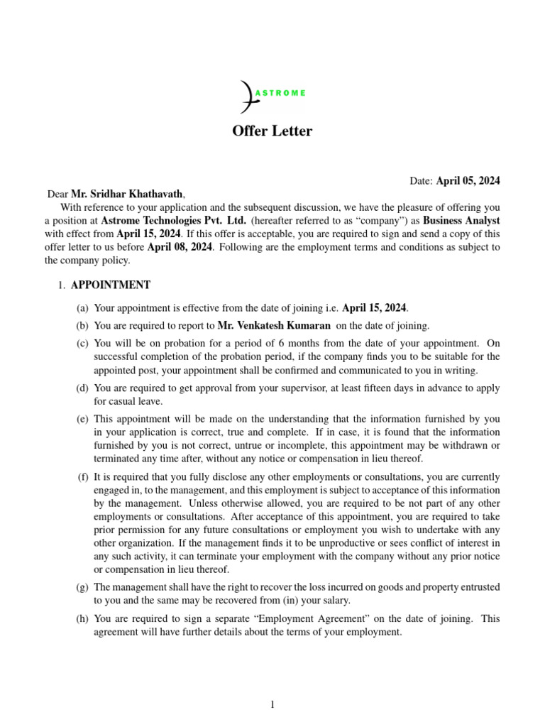 Offer Letter | Download Free PDF | Employment | Disciplines