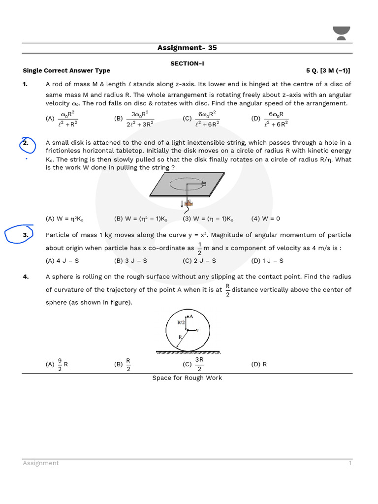Assignment-35: Section-I Single Correct Answer Type 5 Q. (3 M (-1) ) 1 ...