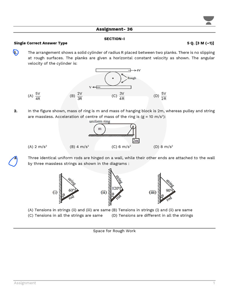 Assignment-36: Section-I Single Correct Answer Type 5 Q. (3 M (-1) ) 1 | PDF | Acceleration | Force