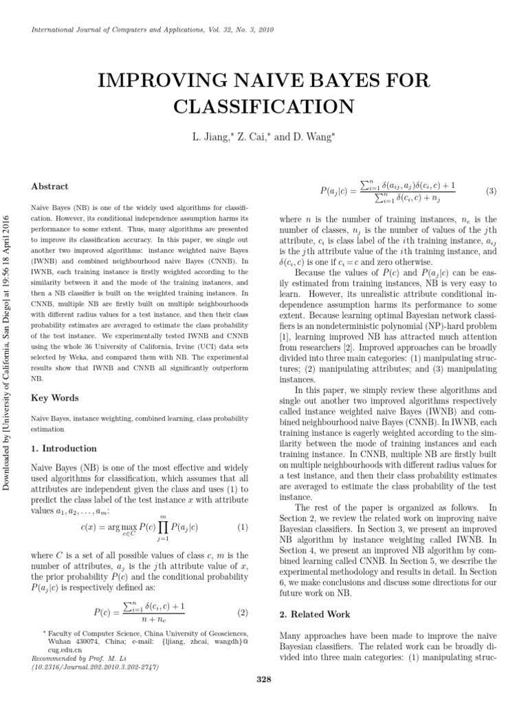 Improving Naive Bayes For Classification: L. Jiang, Z. Cai, and D. Wang ... Improving Naive Bayes For Classification: L. Jiang, Z. Cai, and D. Wang ...