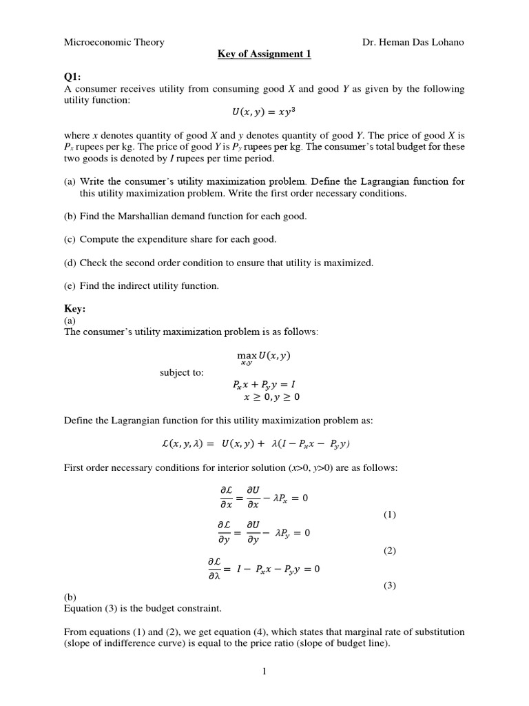 MicroEcon Assignment - 1 - Key | PDF | Utility | Applied Mathematics