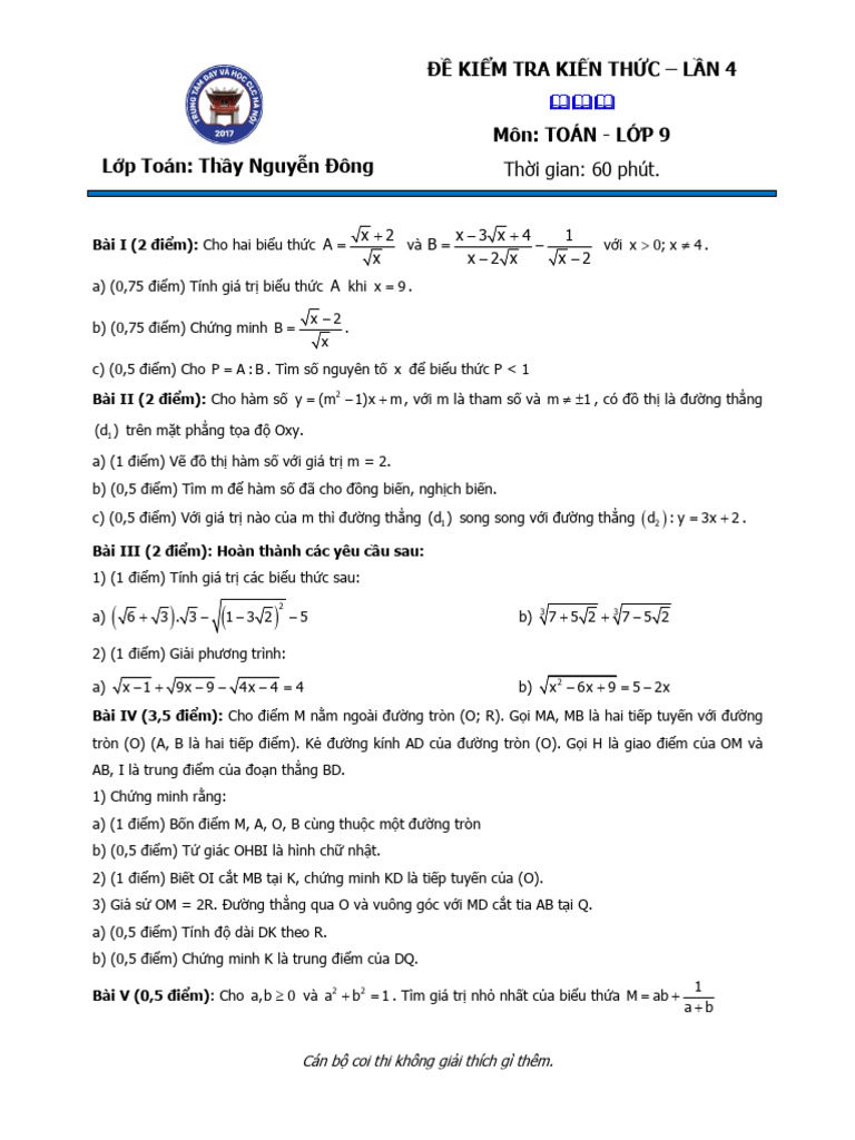Đề Thi - Lần 4 - Toán 9 | PDF