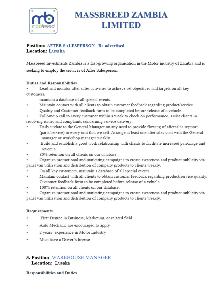 Multiple Jobs at Tsapo Industries and Massbreed Zambia Limited | PDF ...