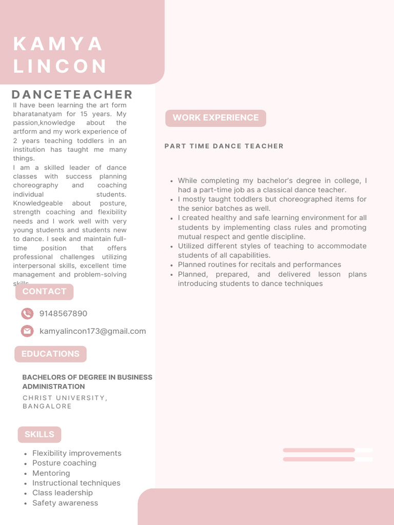 Pink White Clean Teacher Resume | PDF