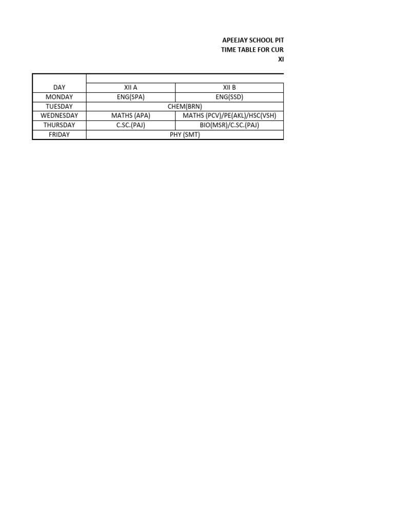 XII Curative Classes Timetable | PDF