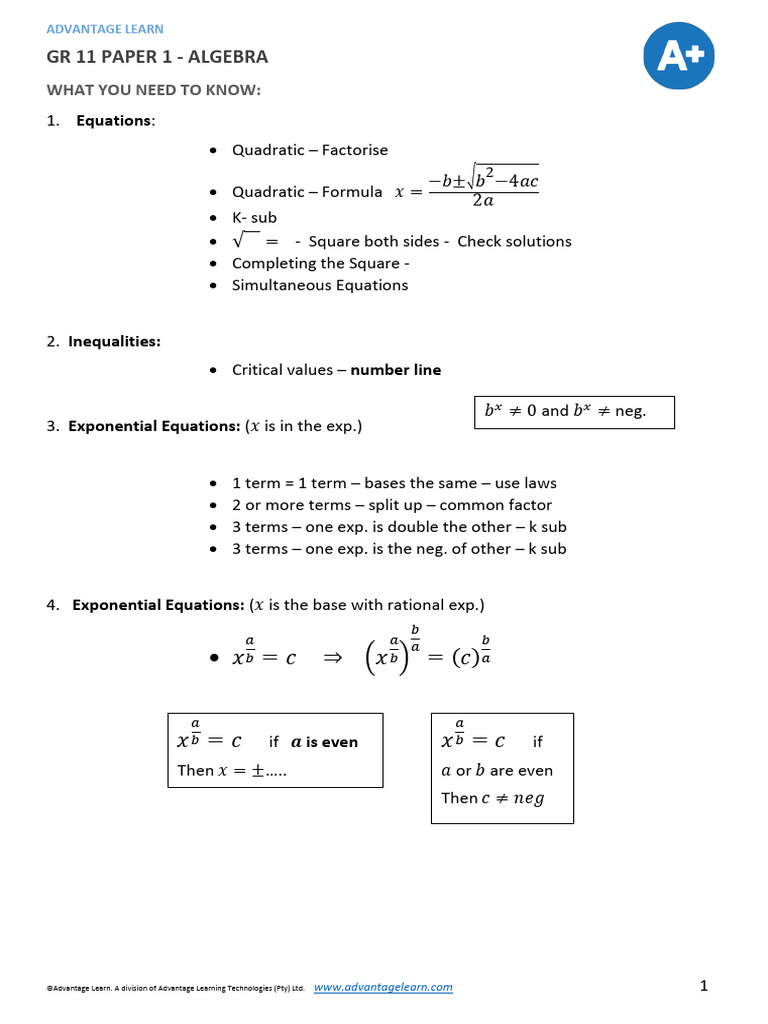 Mathematics Grade 11 Revision and Final Exam Prep Paper 1 What You Need To Know Algebra 2020 ...