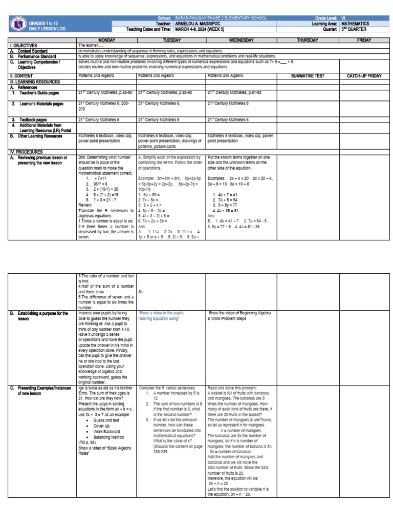 DLL - Math 6 - Q3 - W5 | PDF | Equations | Algebra