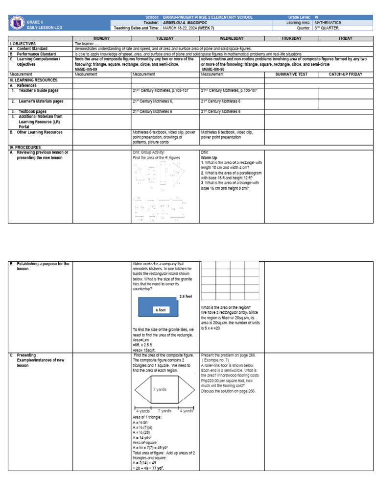 DLL Mathematics 6 q3 w7 | PDF | Area | Rectangle