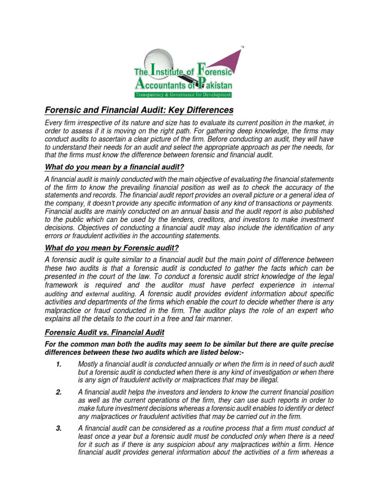 Forensic & Financial Audit-Key Differences | PDF | Audit | Financial Audit