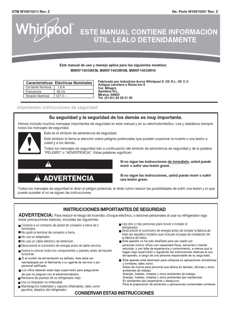 MWRF140SWHM Manual de Uso y Cuidado | PDF | Tornillo | Refrigerador