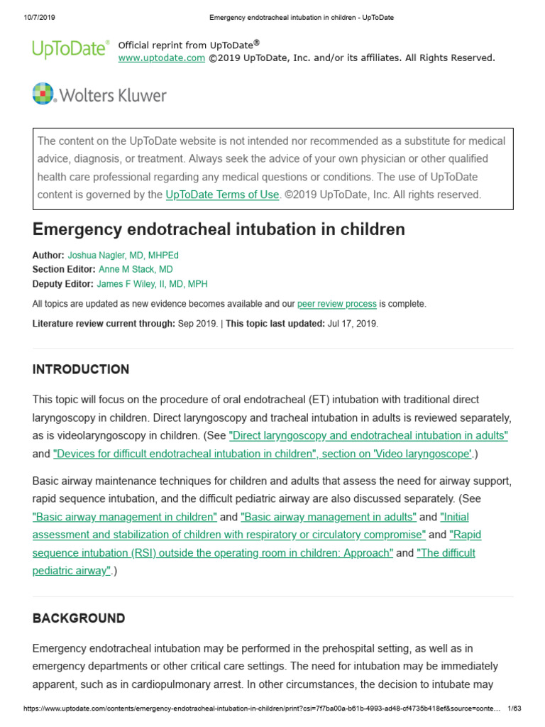 Emergency Endotracheal Intubation in Children - UpToDate | PDF | Larynx ...