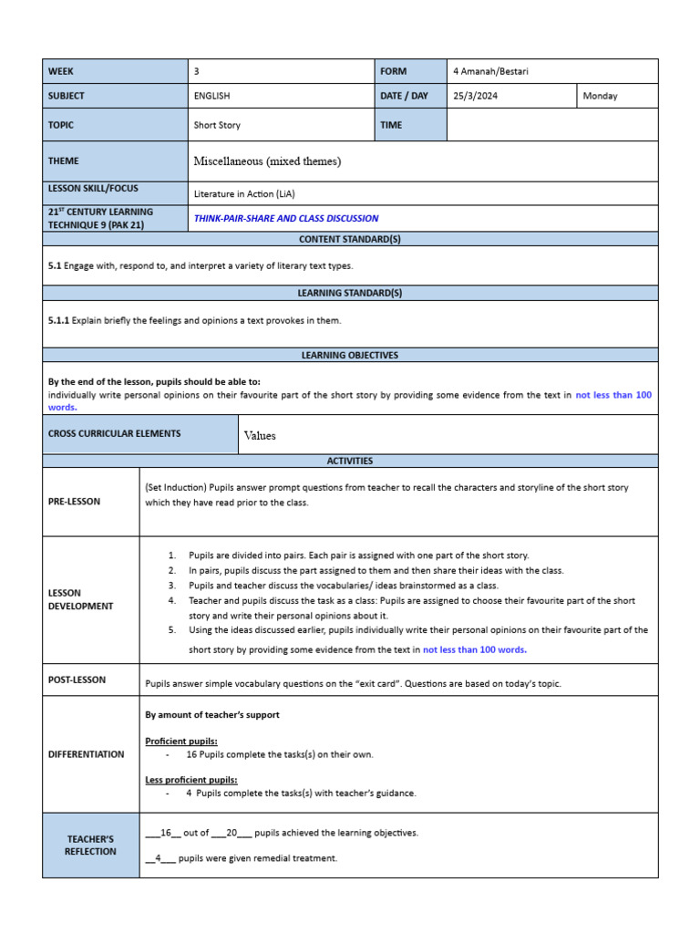 Short Story Lesson Plan for English Class | PDF | Teachers | Vocabulary