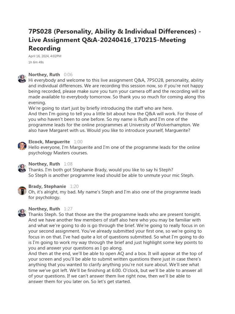 Q&A - 7PS028 - Personality, Ability & Individual Differences - Transcript | PDF | Theory ...