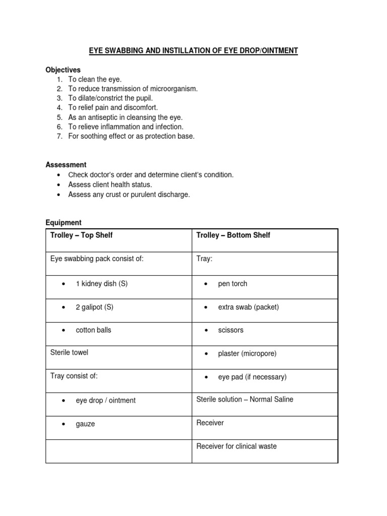 Eye Swabbing and Drop Instillation Guide | PDF | Hand Washing | Hygiene