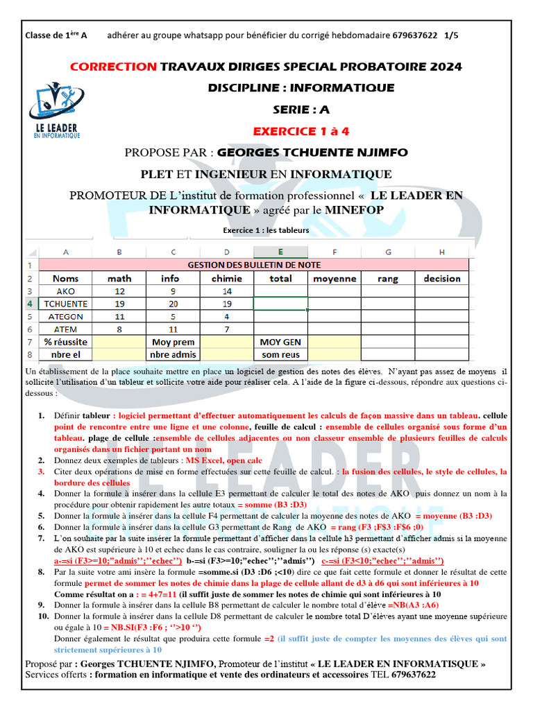 PA Corrigé Exo1 À 4 TD Leader 2024 | PDF | Feuille de calcul | Structure de contrôle