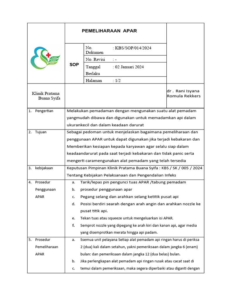 Sop Pemeliharaan Apar | PDF