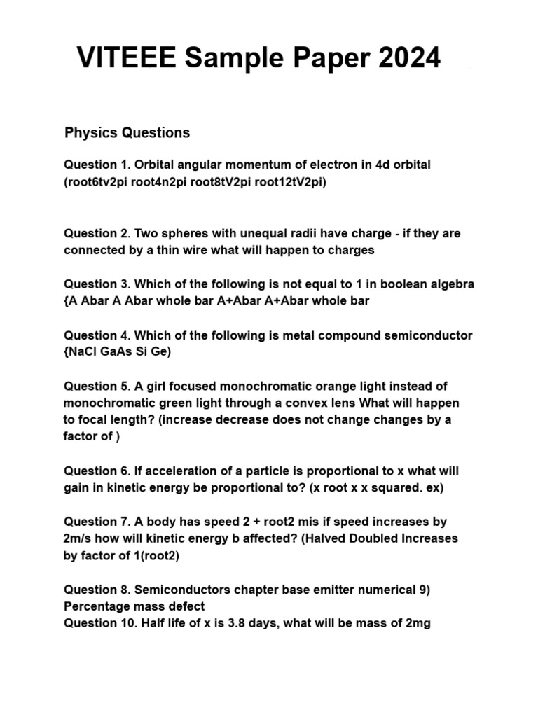 VITEEE Sample Paper 2024 PDF Set 1 | PDF | Mass | Atomic Orbital