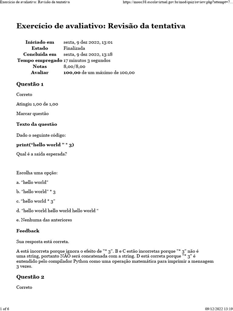 Exercício de Avaliativo Revisão Da Tentativa - Curso de Python - Enap | PDF | Parâmetro ...