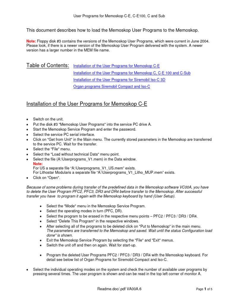 User Programs For Memoskop C-E, C-E100, C and Sub | PDF | Menu (Computing) | Computer File