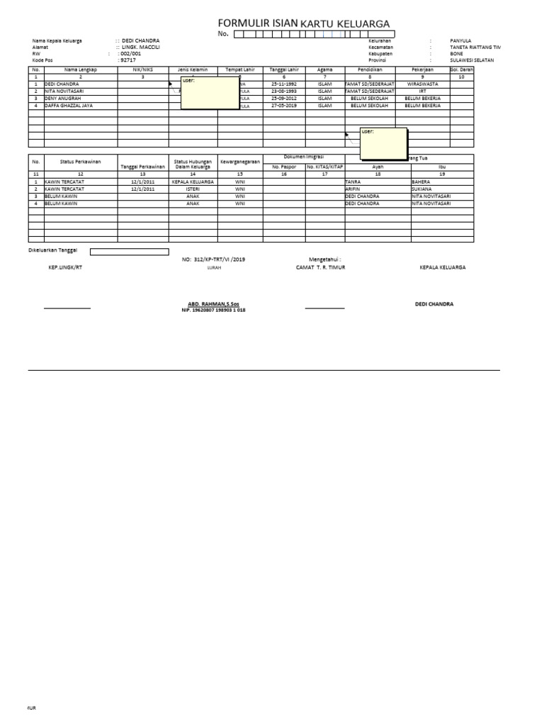 Formulir Isian Kartu Keluarga Ok | PDF