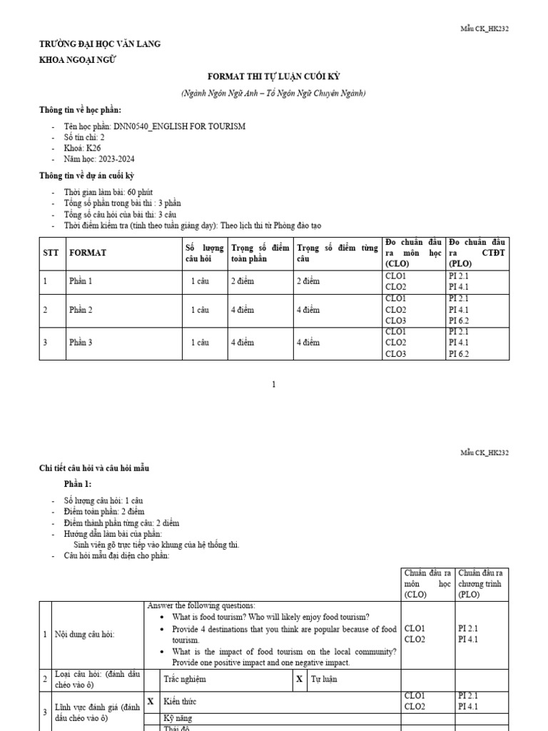 K26 - FORMAT CK - HK232 - (THI) - ENGLISH FOR TOURISM - VŨ MẠNH QUYỀN | PDF