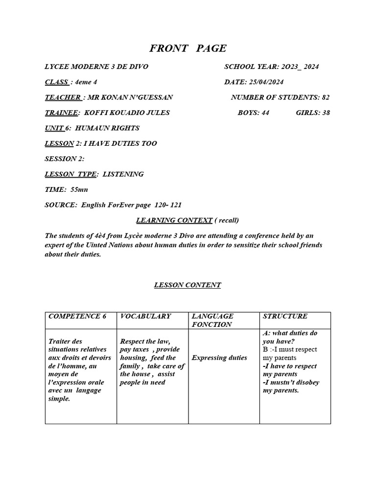 Human Rights Duties Lesson Plan | PDF | Human Communication | Learning